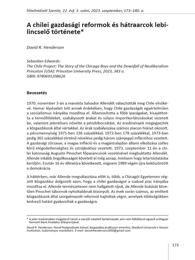 David R. Henderson - A Chilei Gazdasági Reformok És Hátraarcok - 2023 | PDF