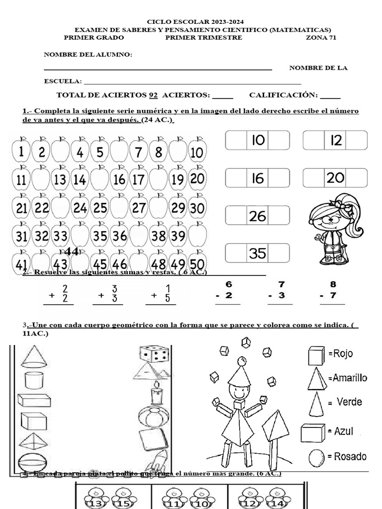 Examen de Matematicas Segundo Trimeste Primer Grado | PDF