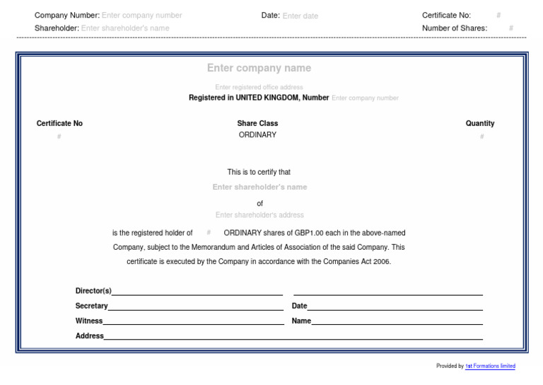 UK Share Certificate Template | PDF | Civil Law (Legal System) | Investing
