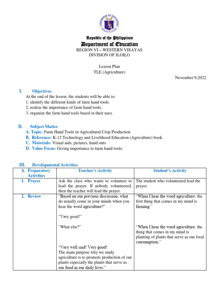 LESSON PLAN (Agriculture) | PDF | Agriculture | Lesson Plan