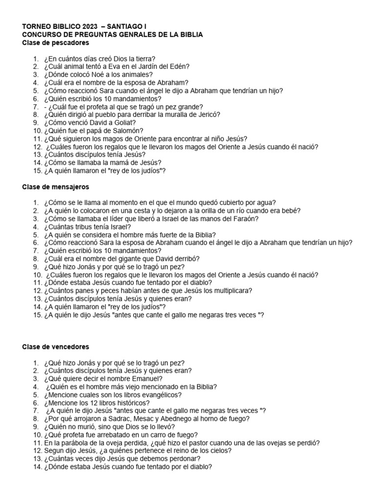 Torneo Biblico - Preguntas Generales | Descargar gratis PDF | Jesús | Biblia