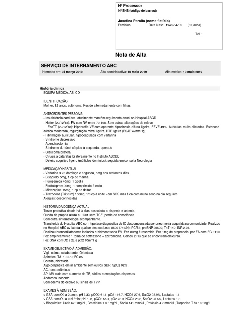 Exemplo de Nota de Alta 1 | Download grátis PDF | Causas de morte ...