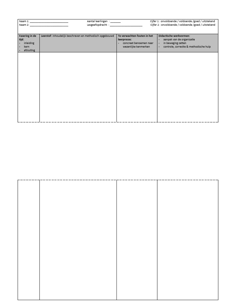 Opdracht Lesgeven - Leeg Lesvoorbereidingsformulier | PDF