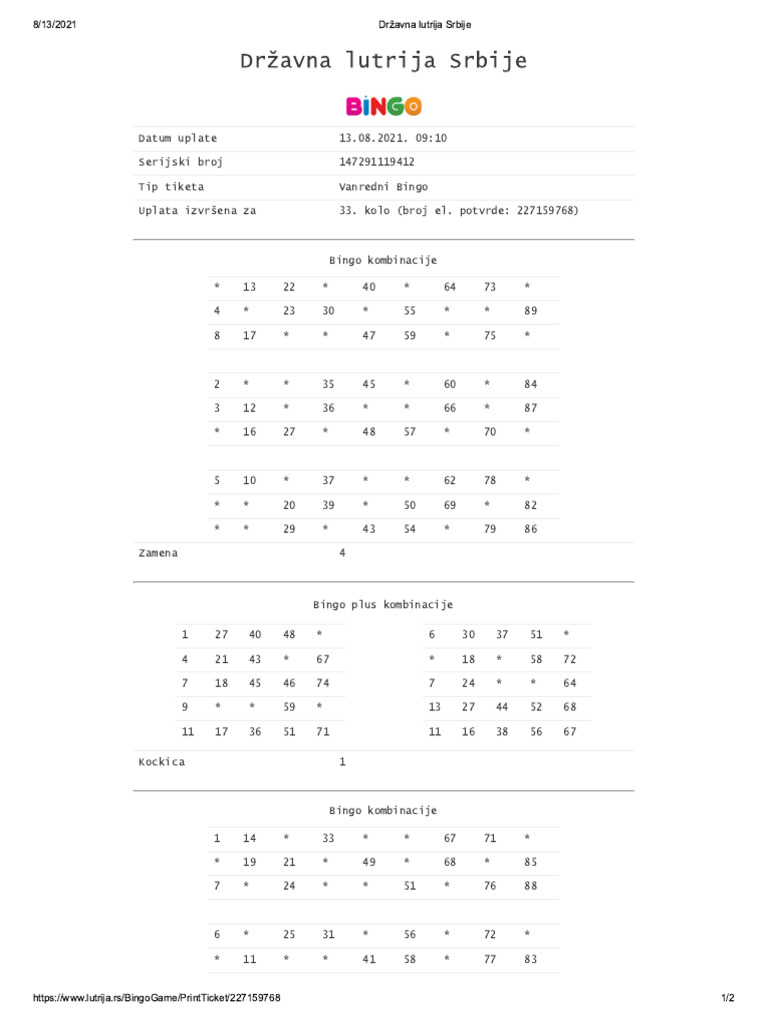 Državna Lutrija Srbije BINGO 13082021 | PDF | Teaching Methods & Materials