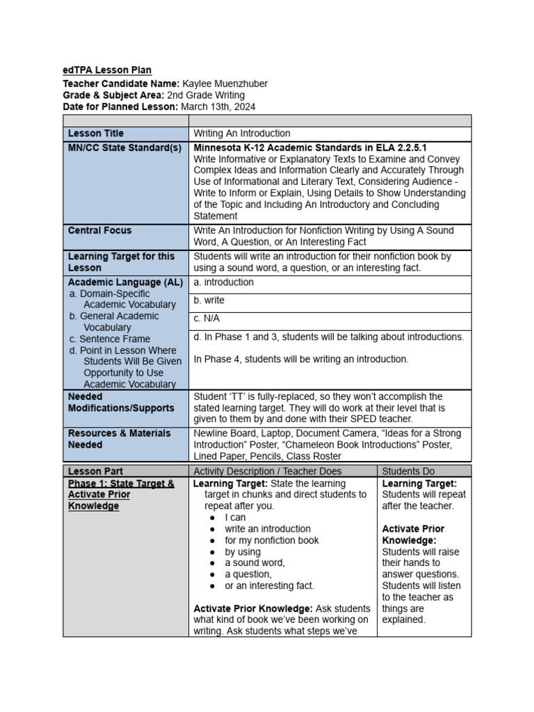 Writing Introductions Lesson Plan | PDF | Knowledge | Books