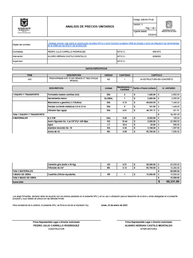 Análisis de Precios Unitarios APU | PDF
