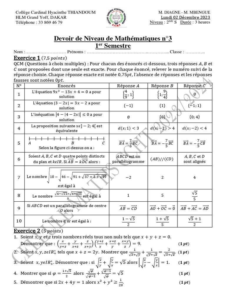 C) 2nde S 02-12-23 Devoir de Niveau 3 | PDF | Mathématiques