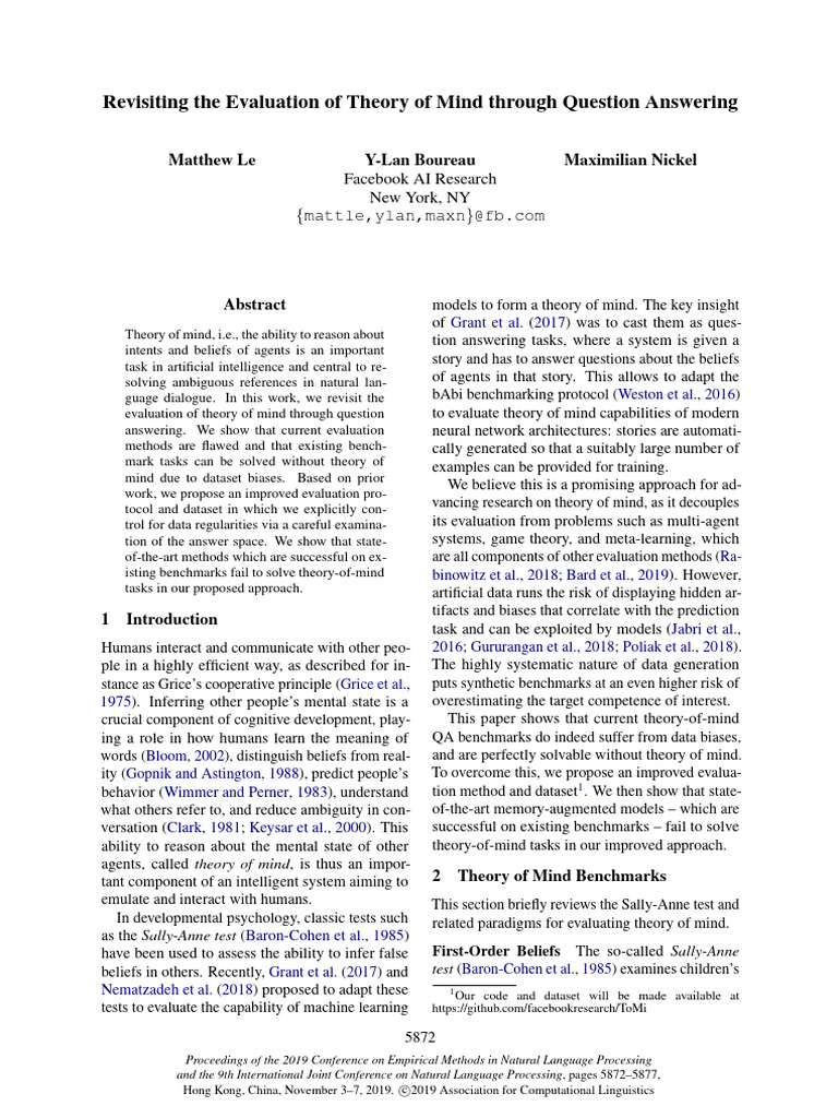 Revisiting The Evaluation of Theory of Mind Through Question Answering | Download Free PDF ...