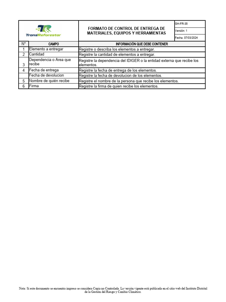 Control de Entrega de Materiales IDIGER | PDF