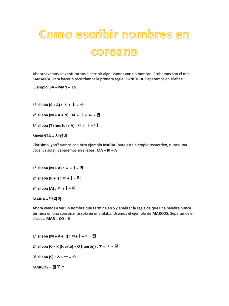 Escribir Nombres en Coreano | PDF | Fonética | Idiomas