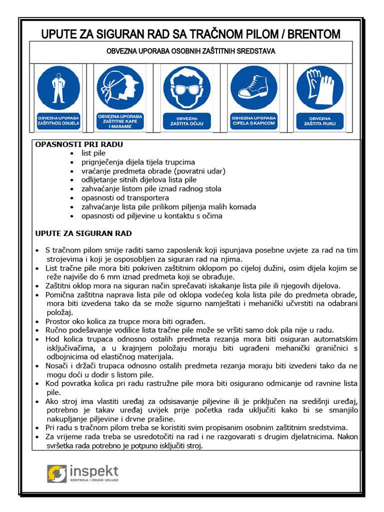 Upute Za Siguran Rad Sa Tračnom Pilom - Brentom | PDF