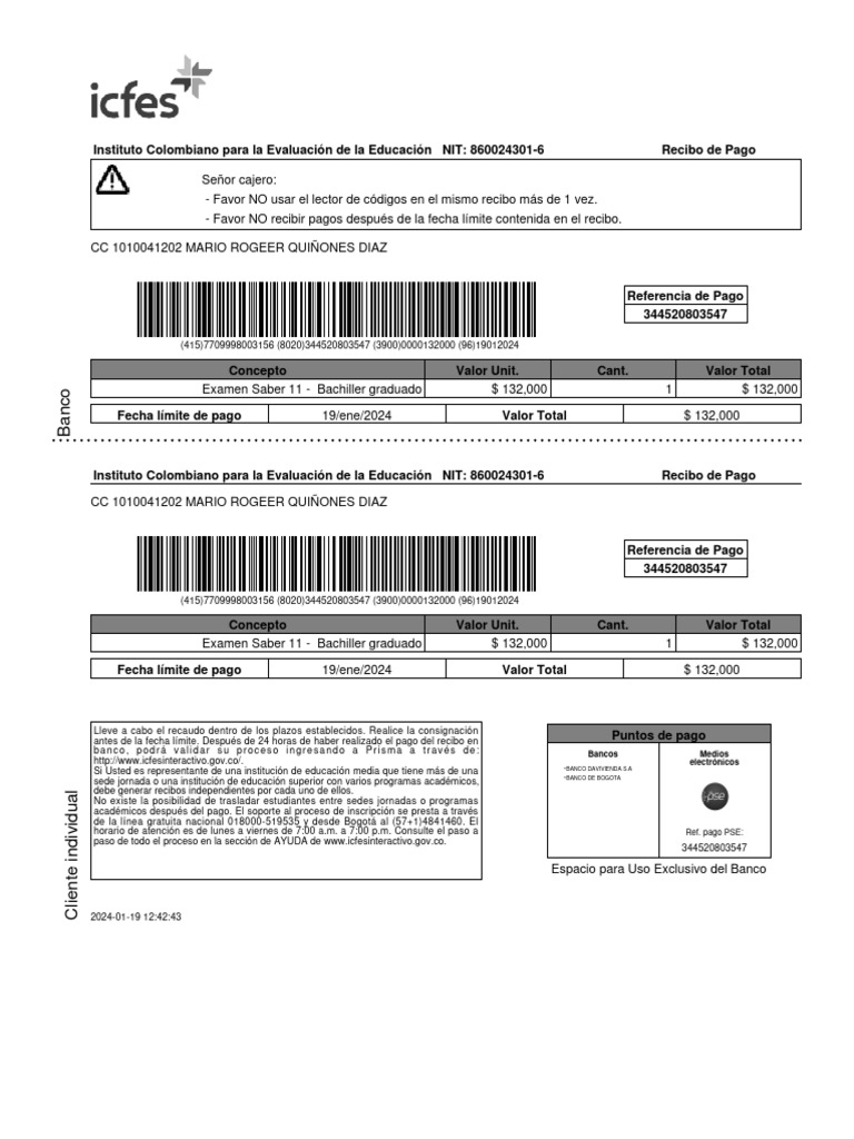 Pago Examen Saber 11 - ICFES | PDF | Finanzas y dinero