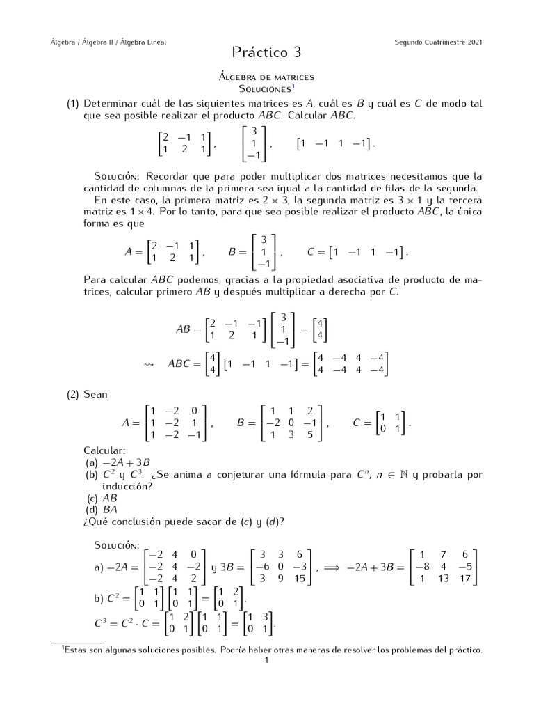 Practico3 Matrices 2021 Resuelto | PDF | Matriz (Matemáticas) | Álgebra ...