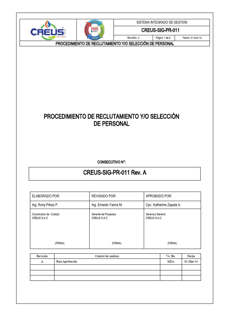 CREUS-SIG-PR-011.Rev A Procedimiento de Reclutamiento y Selección | PDF | Reclutamiento ...