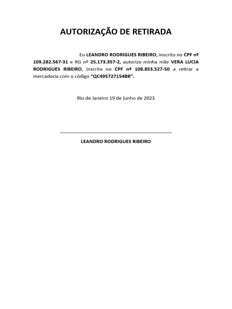 Autorização de Retirada - Correios | PDF Autorização de Retirada - Correios | PDF