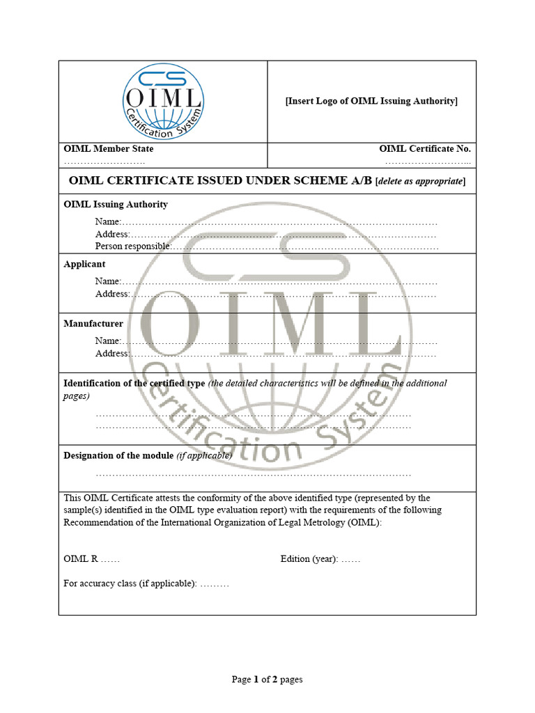 OIML Certificate Template Ver 20170518 | PDF