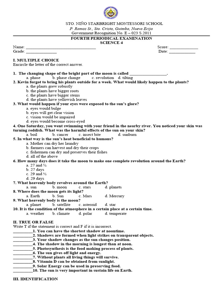 Science Exam for Grade 4 Students | PDF | Moon | Sun