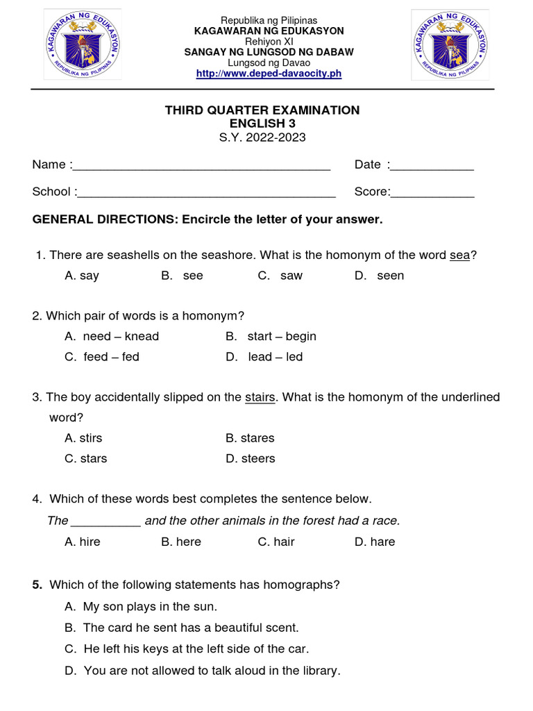 Quarterly Test - Q3 English 3 | PDF