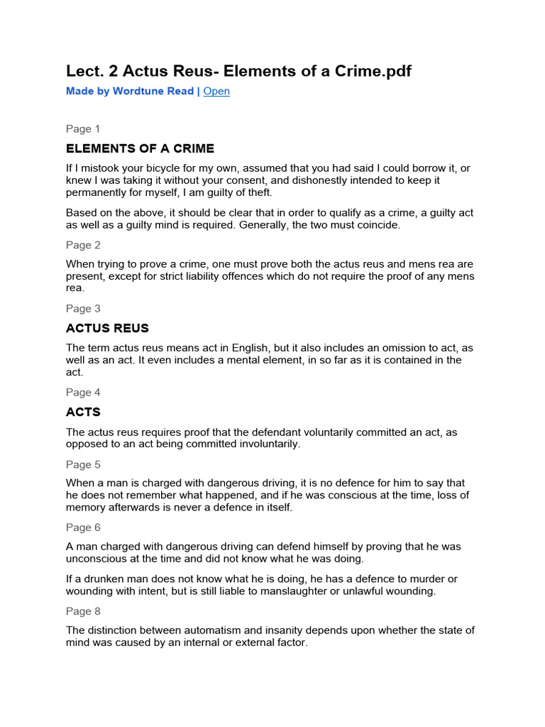 Lect. 2 Actus Reus - Elements of A Crime - PDF-WT - Summaries | Download Free PDF | Mens Rea ...