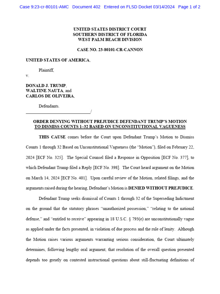 Order Denying Motion To Dismiss | PDF | Prejudice (Legal Term) | Justice