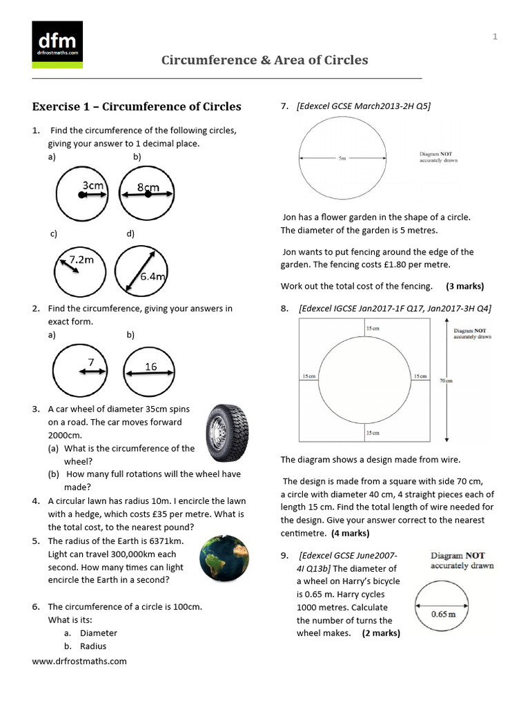 Circumference and Area of Circles Exercises | PDF | Area | Circle