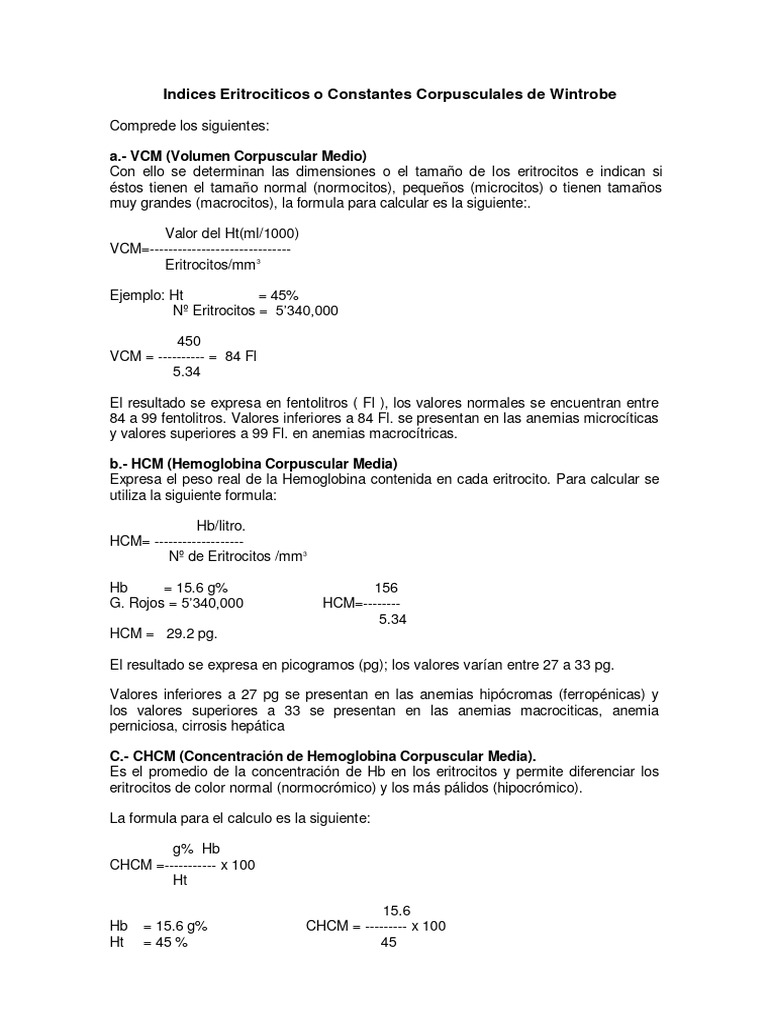 Indices Eritrociticos o Constantes Corpusculales de Wintrobe | PDF
