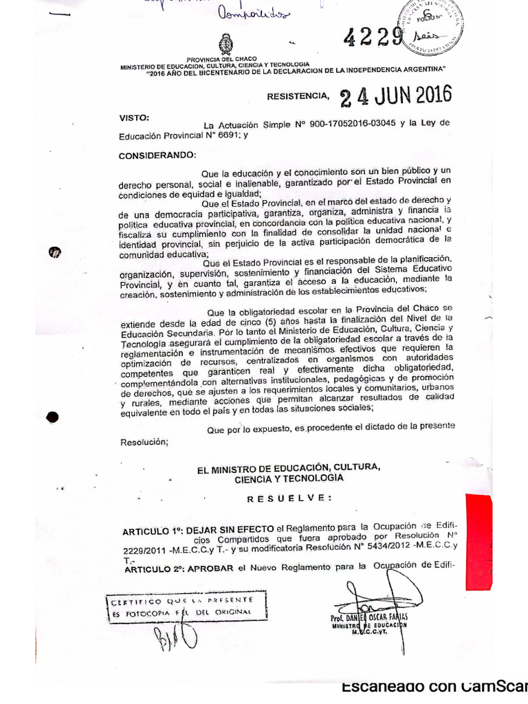 Resolución Nro. 4229-16 MECCyT - Edificios Compartidos | PDF