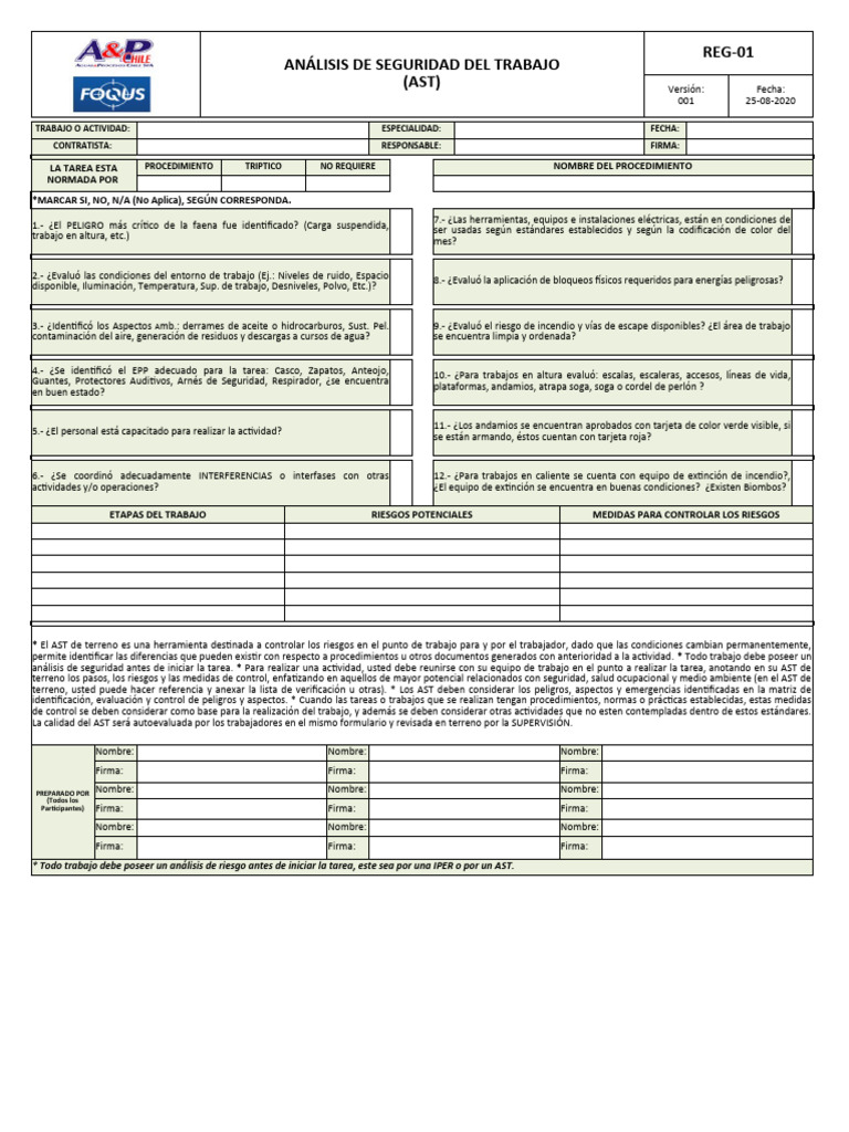 Análisis de seguridad del Trabajo (AST) | PDF | Seguridad y salud ...