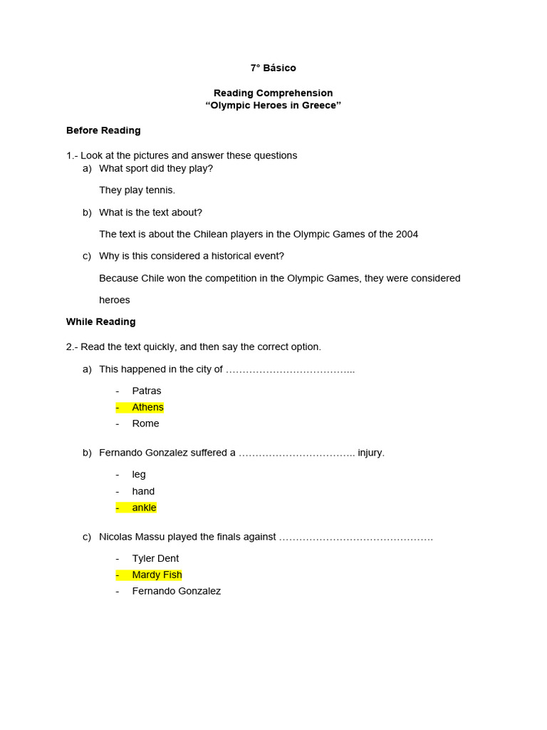 Template - 7° Básico - Reading Comprehension | PDF | Sports ...