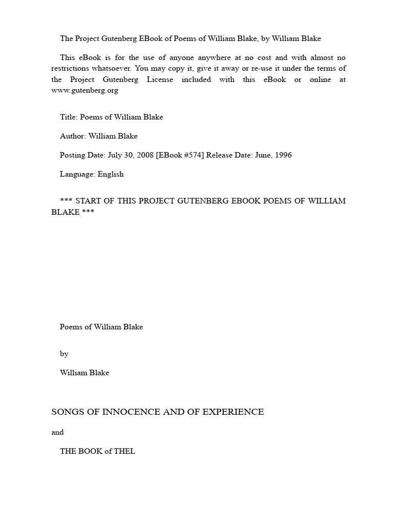 William Blake's Poems Collection | PDF | Project Gutenberg | Public Domain