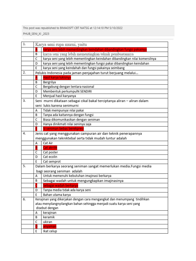 Latihan Dan Kunci Jawaban Soal PUHB Seni Rupa Kelas XI | PDF Latihan Dan Kunci Jawaban Soal PUHB Seni Rupa Kelas XI | PDF