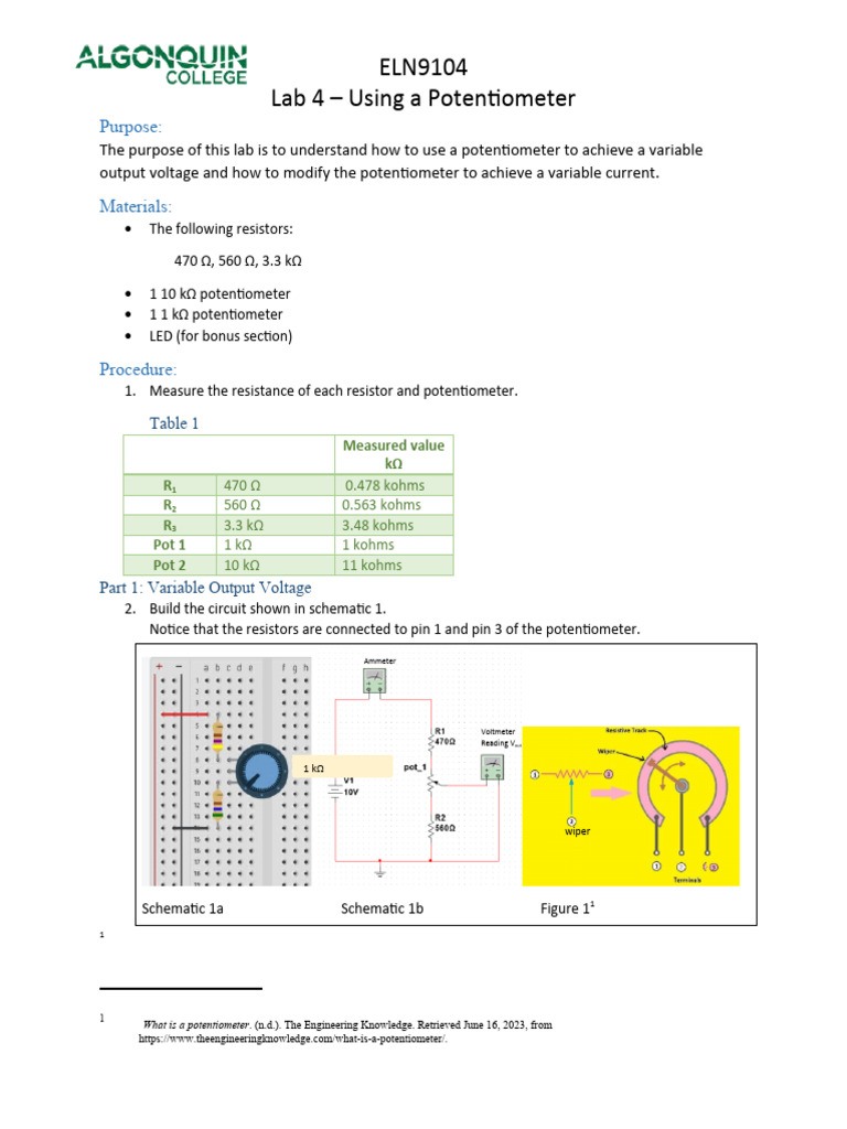 Lab 4 - Using A Potentiometer | PDF | Resistor | Electrical Resistance ...