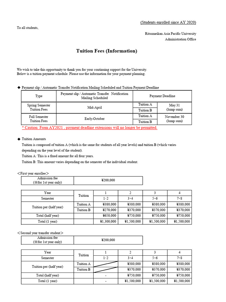 AY2021 Tuition Fees EnrolledSinceAY2020 E | PDF | Tuition Payments | Service Industries