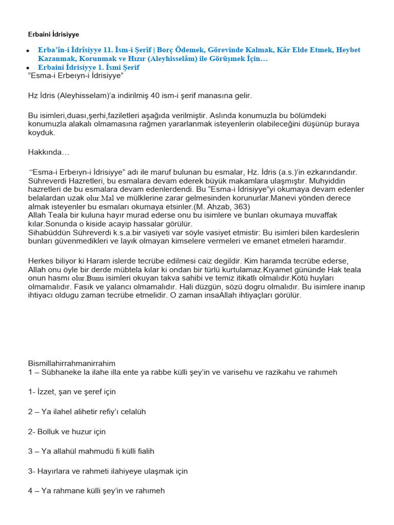 Bismillahirrahmanirrahim ESMAI ERBAİYENİ İDRİSİYYE | PDF