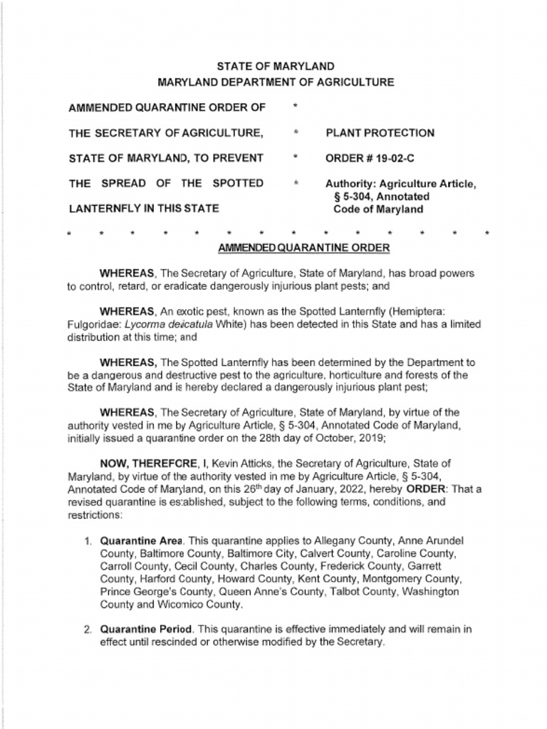 Spotted Lanternfly Quarantine Order | PDF