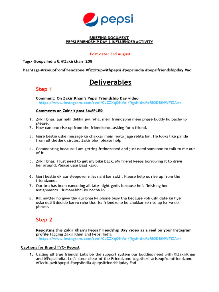 Pepsi Friendship Day Zakir Geek Influencer Brief | PDF
