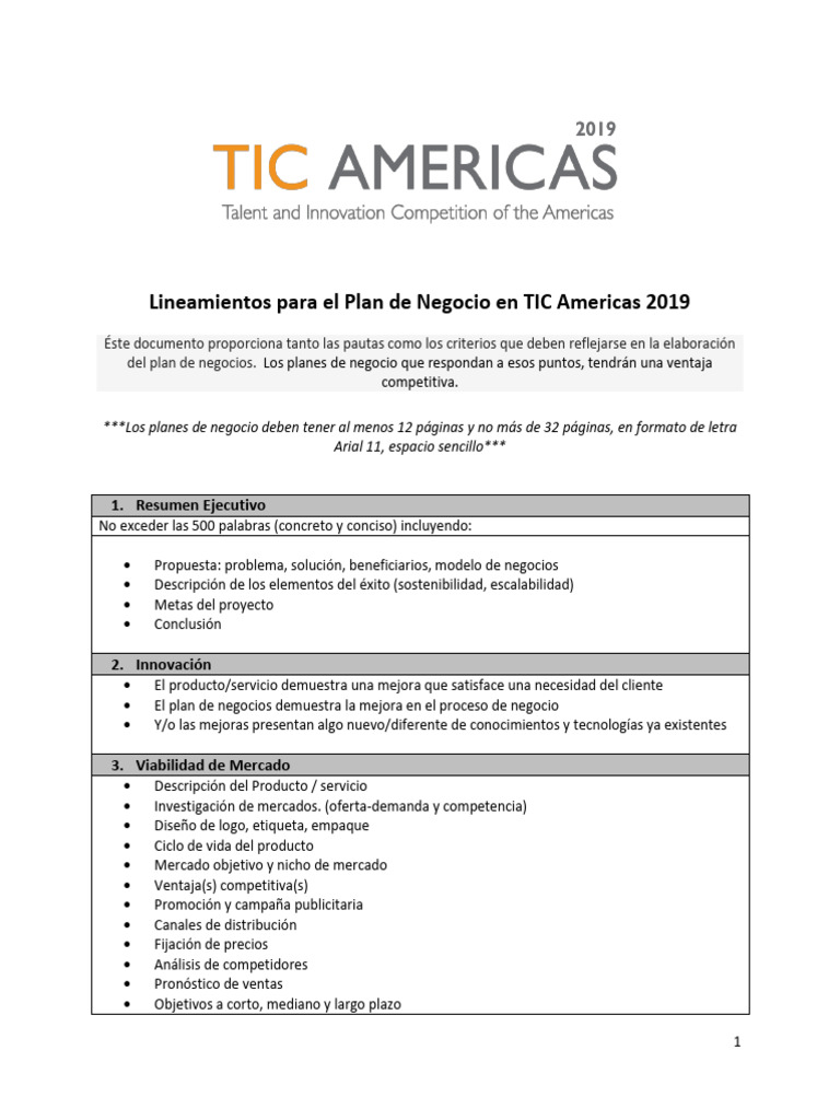 Lineamientos_Plan_de_Negocio_TIC_Americas_2019_ESP | PDF | Mercado (economía) | Diseño