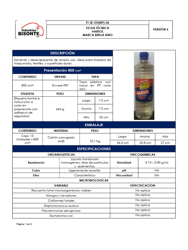 FT - Varsol Brilla King X 800 ML | PDF