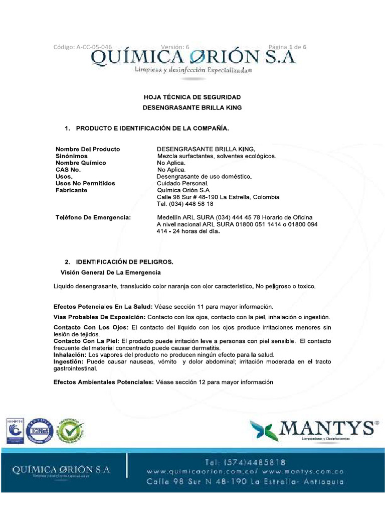 Hds Desengrasante Brilla King 500 ML | PDF