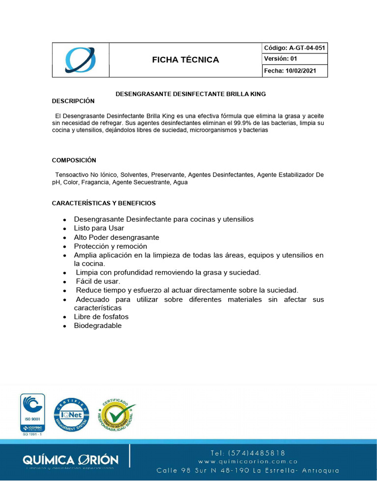 FT Desengrasante Brilla King 500 ML | PDF | Agua