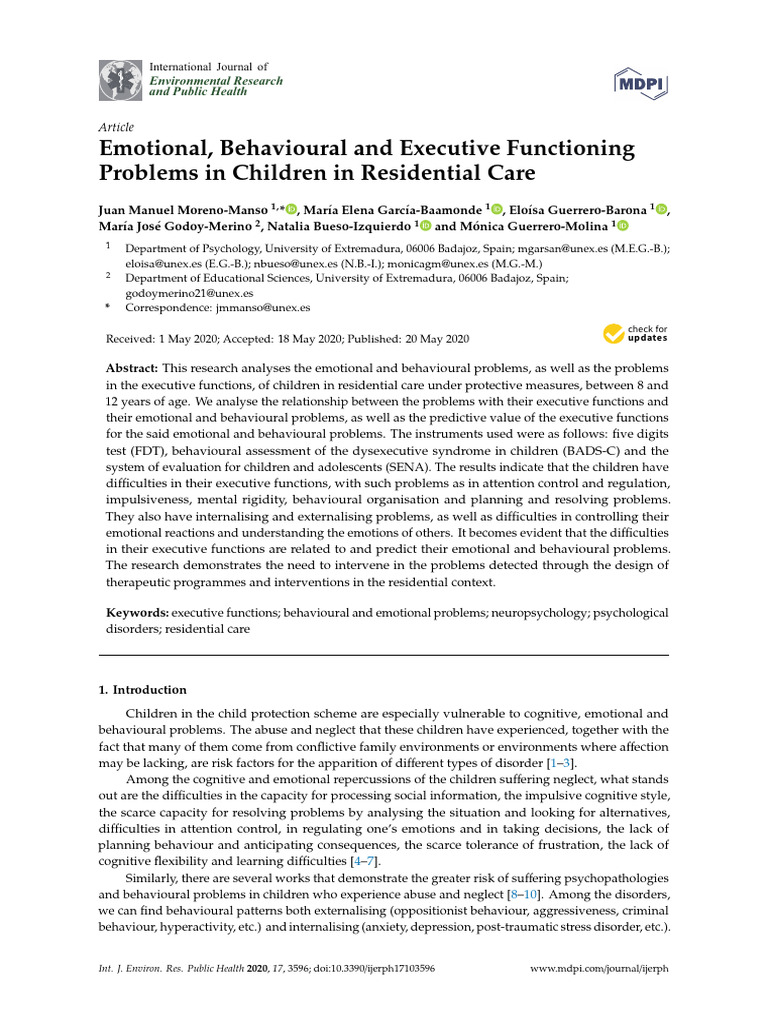 2020 Emotional, Behavioural and Executive Functioning Problems in Children in Residential Care ...