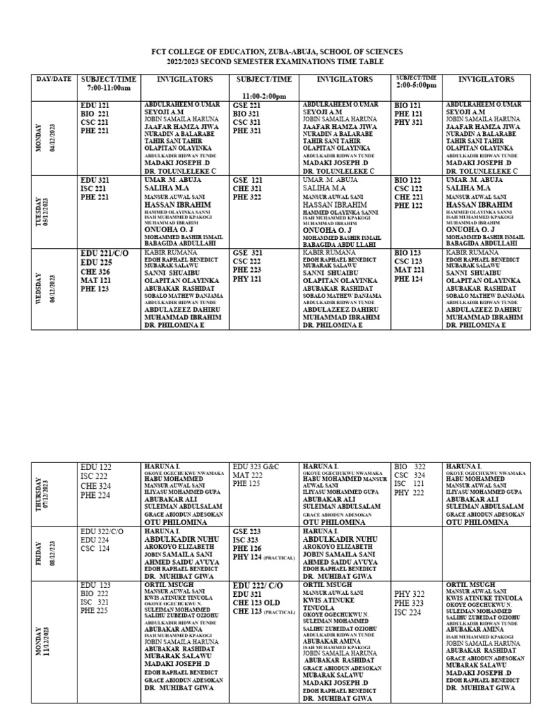 2022-2023 Exam Time Table | PDF
