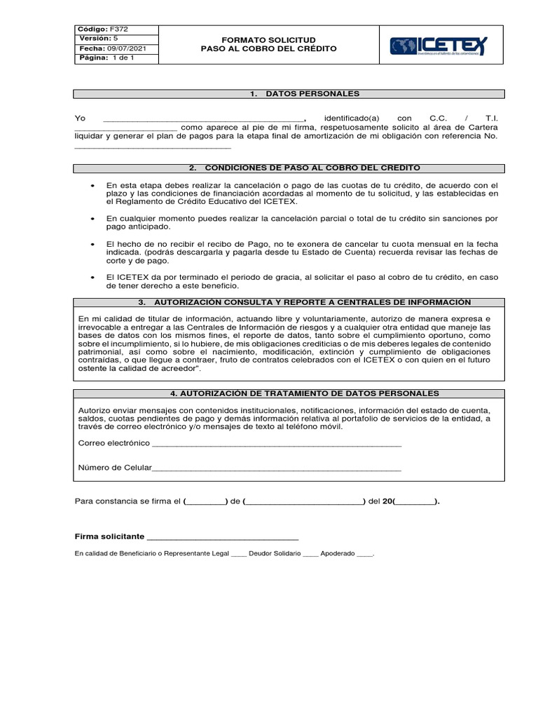 Paso Al Cobro Formato Solicitud Paso Al Cobro-f372-V5 | PDF | Pagos | Crédito