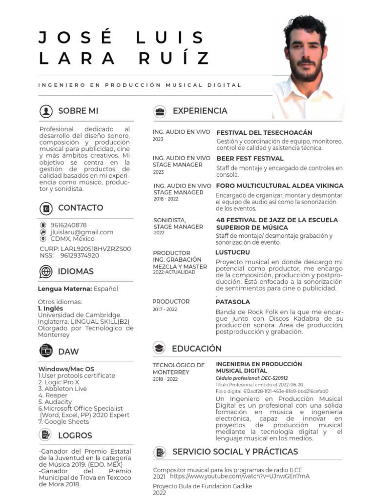 CV Jose Luis Lara 2024 Inglés y Español | PDF | Ingeniero de audio | Medios de comunicación en masa
