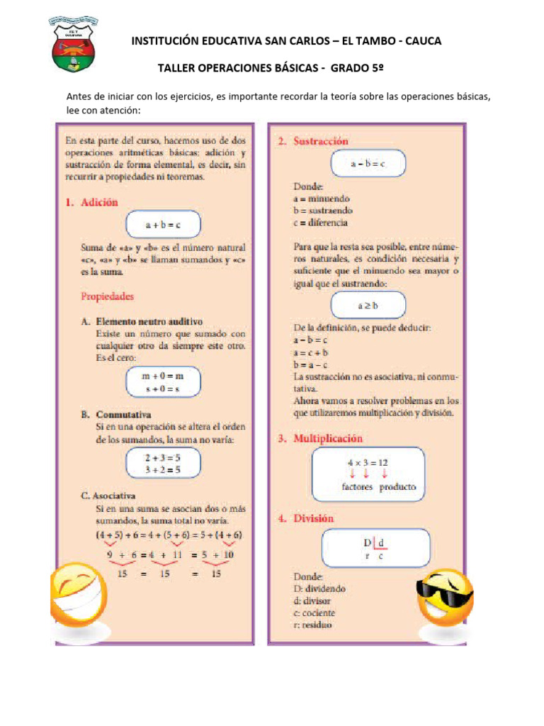 Taller de Operaciones Básicas 5º Grado | PDF | División (Matemáticas) | Sustracción