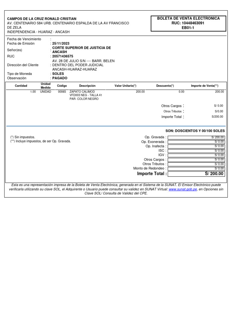 Boleta de Venta Electrónica - Huaraz | PDF