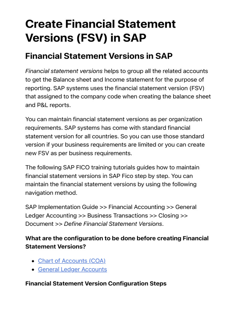 Create Financial Statement Versions in SAP | Download Free PDF ...
