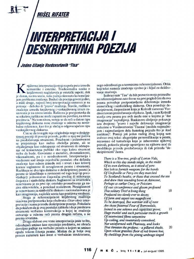 07 M. Rifater, Interpretacija I Deskriptivna Poezija | PDF