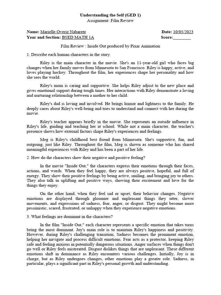 Film Review of Inside Out (2016) | PDF | Emotions | Feeling