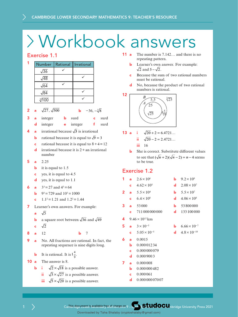 Cambridge Y9 WB Answers | PDF | Rational Number | Elementary Mathematics